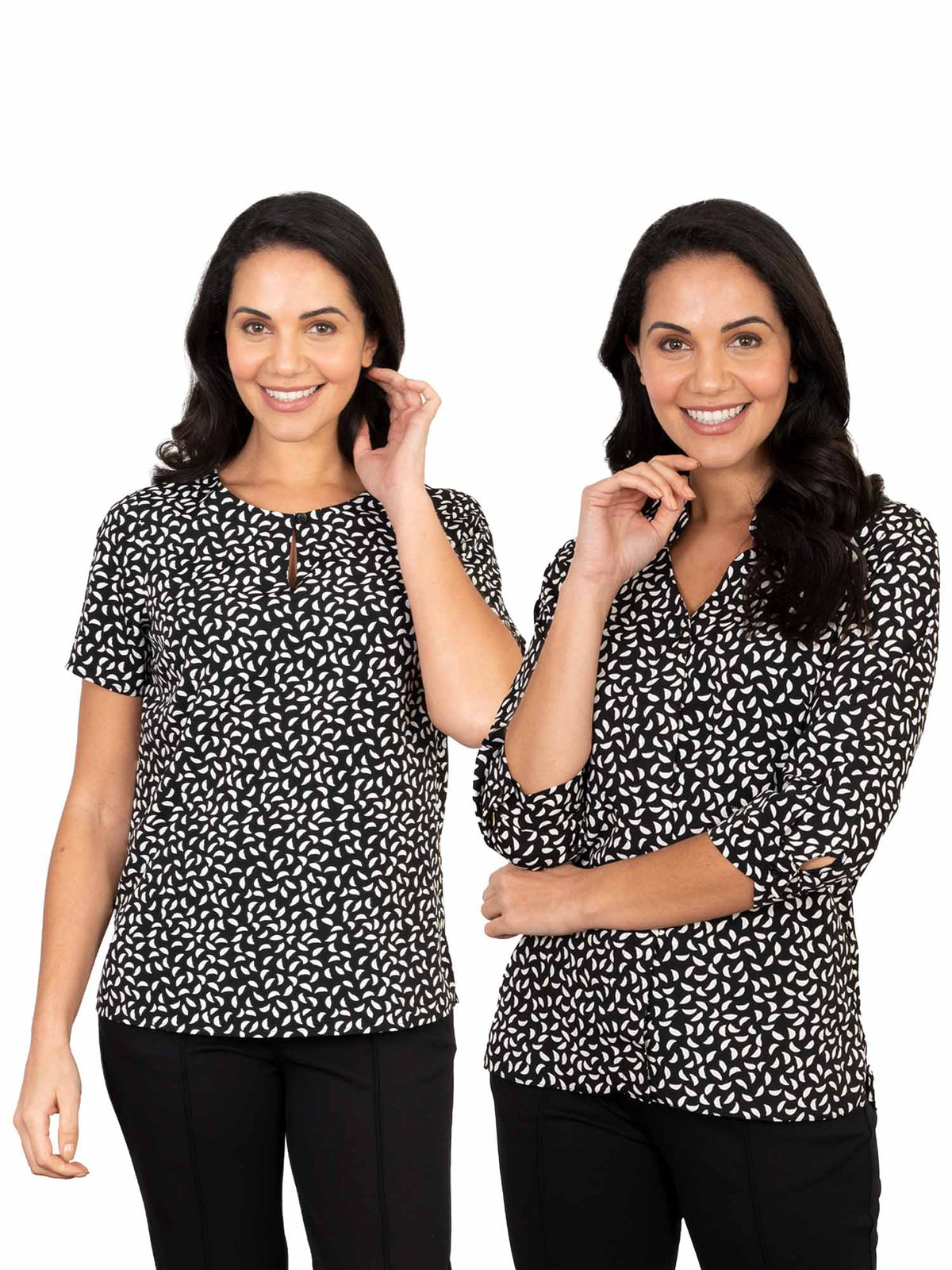 Sadie black & white leaf print blouse with 3/4 sleeves | Ladies Uniform ...