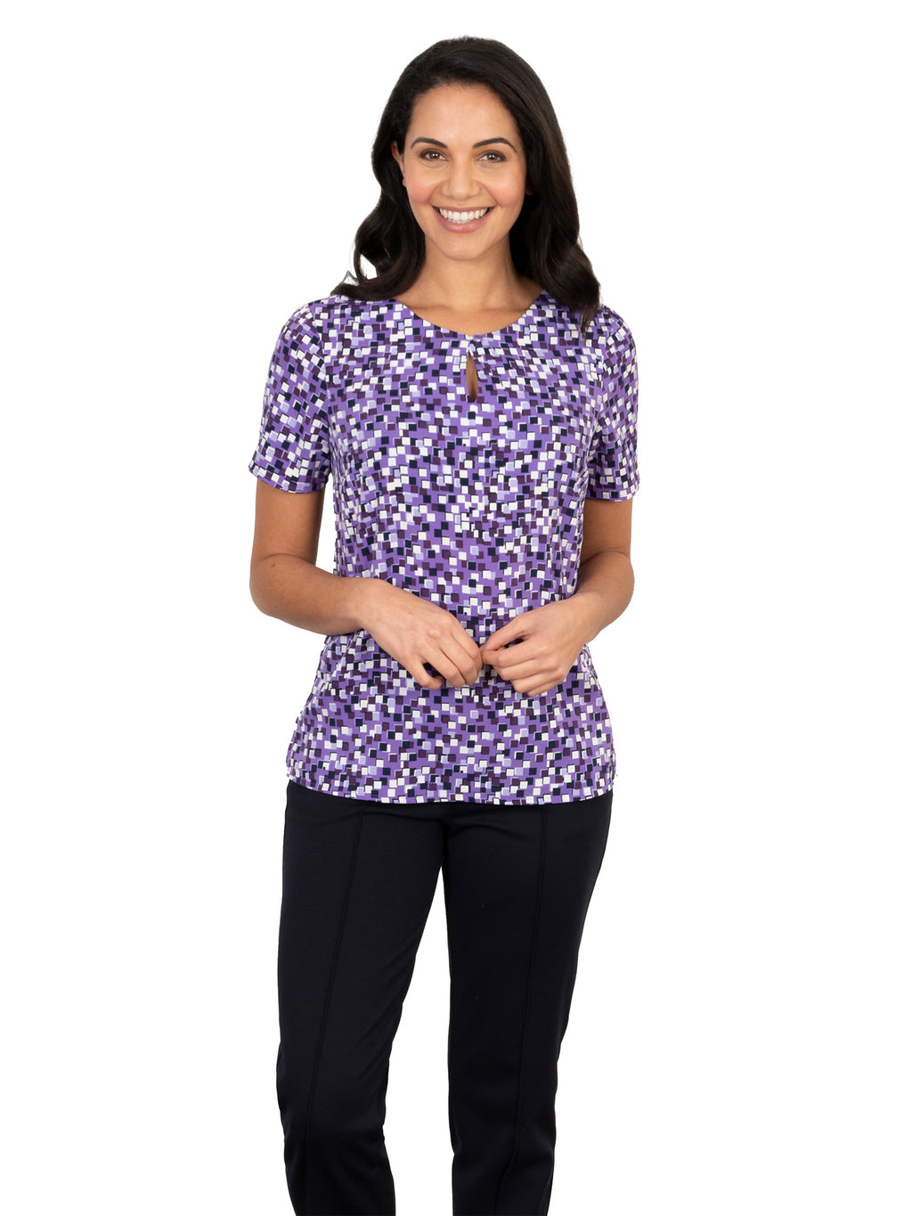 Kelly Squares purple print button-neck shell top | Ladies Uniform ...